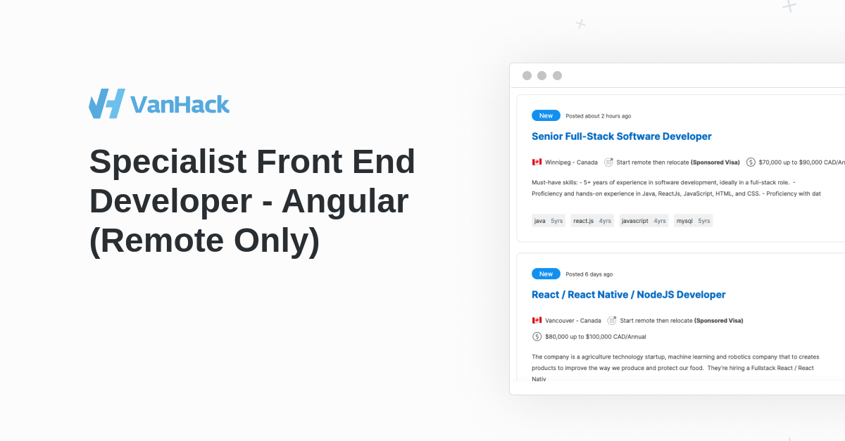 Specialist Front End Developer - Angular (Remote Only) - VanHack